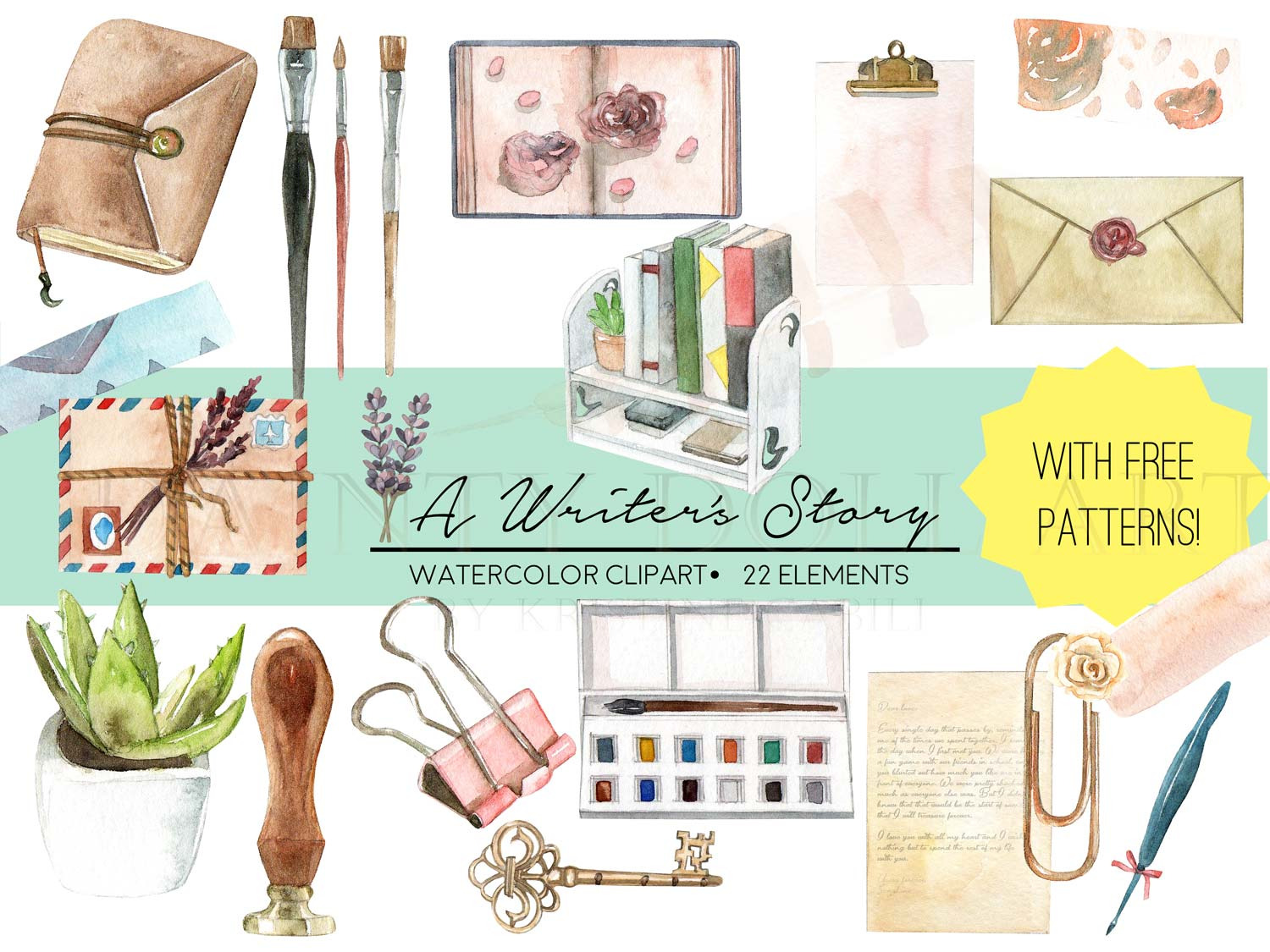 Writer Watercolor Clipart, an Illustration by Dainty Doll Art