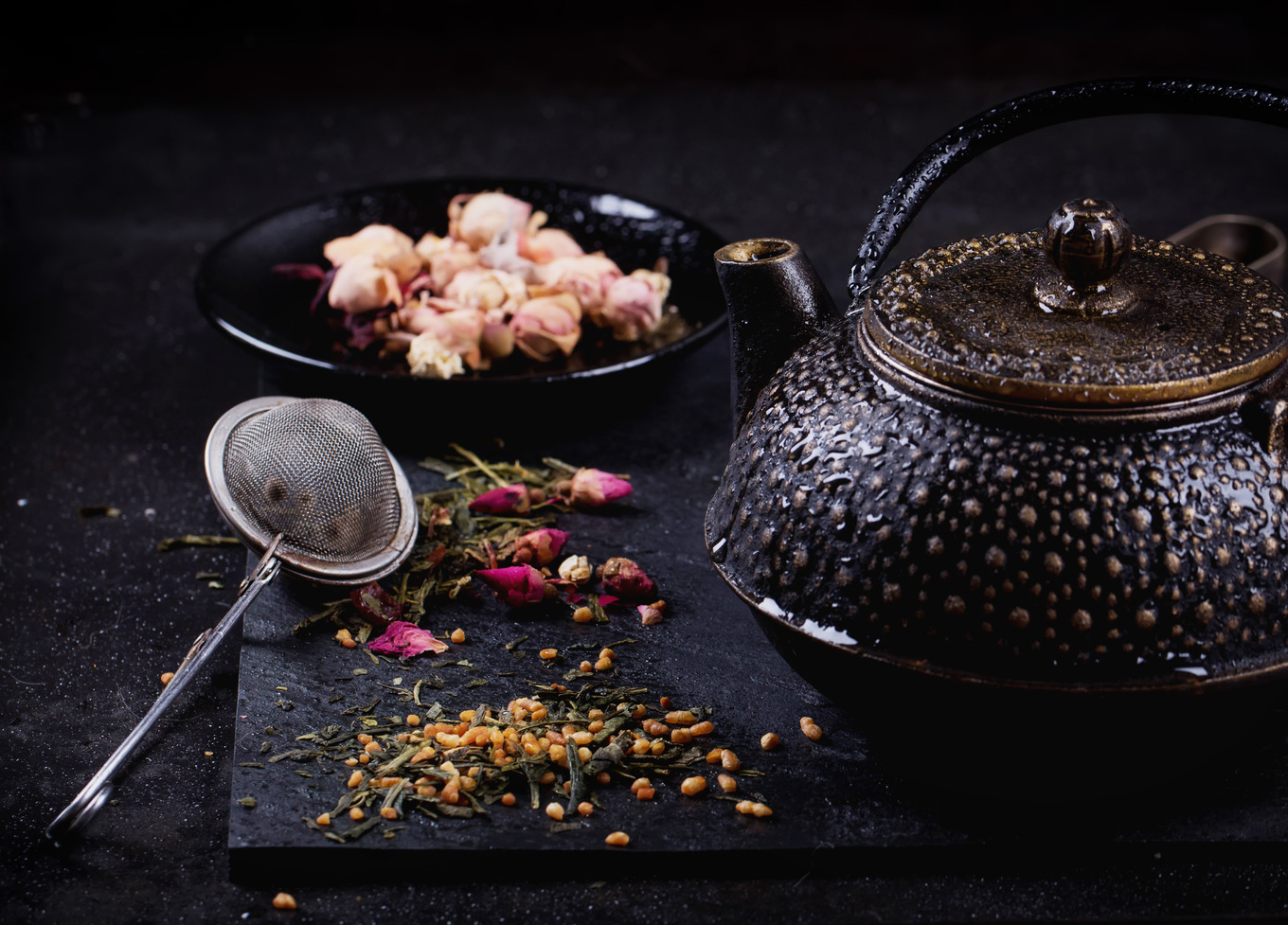 Variety of dry tea with teapot featuring tea, pot, and iron, a Food ...