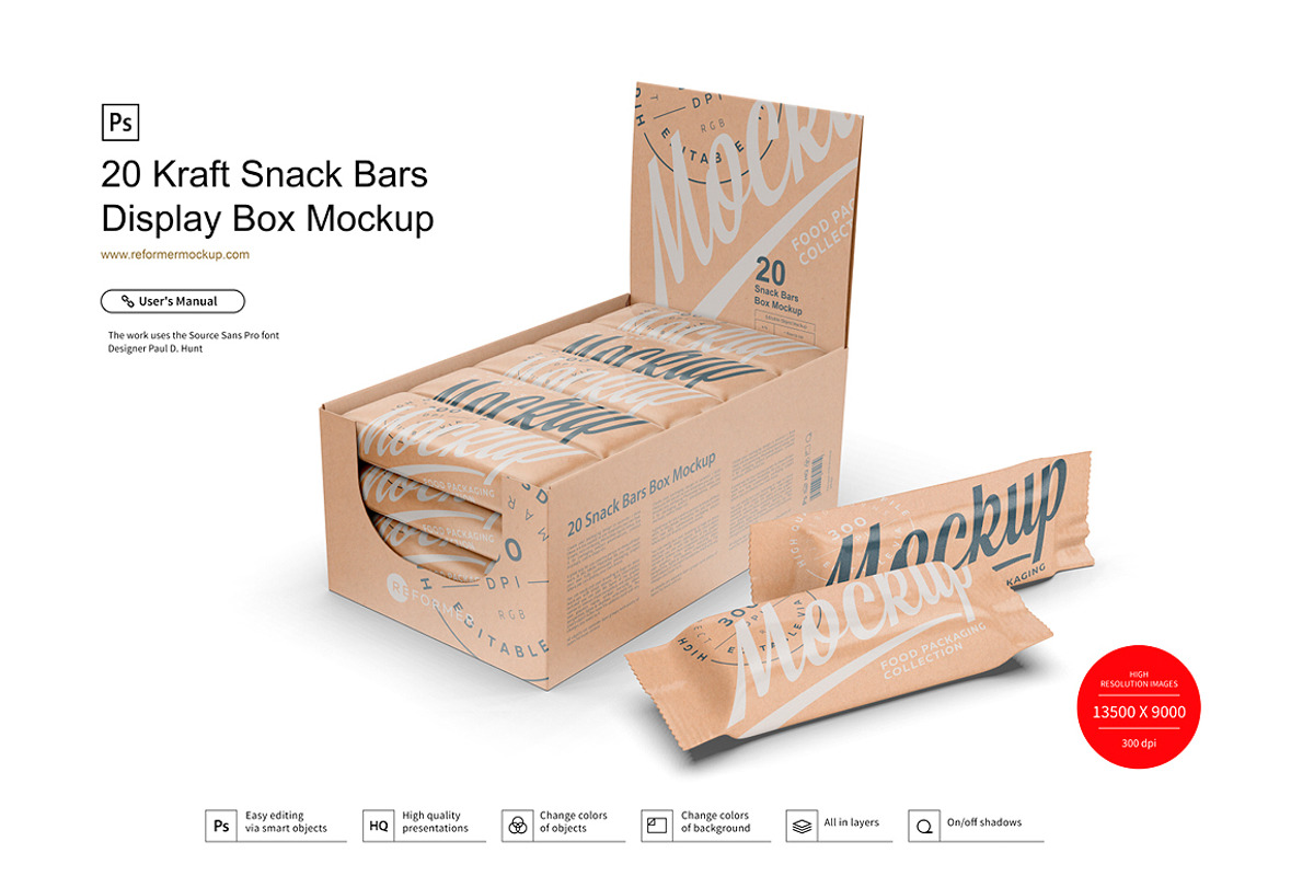 Snack Bars Box Mockup 20x80g, a Packaging Mockup by Reformer Mockup