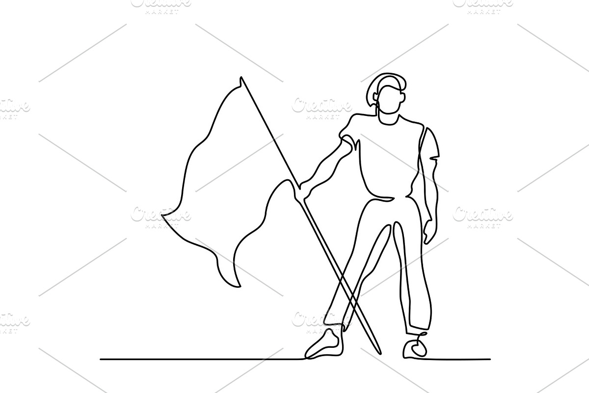 Man holding flag. One line drawing, a Person Illustration by Valenty