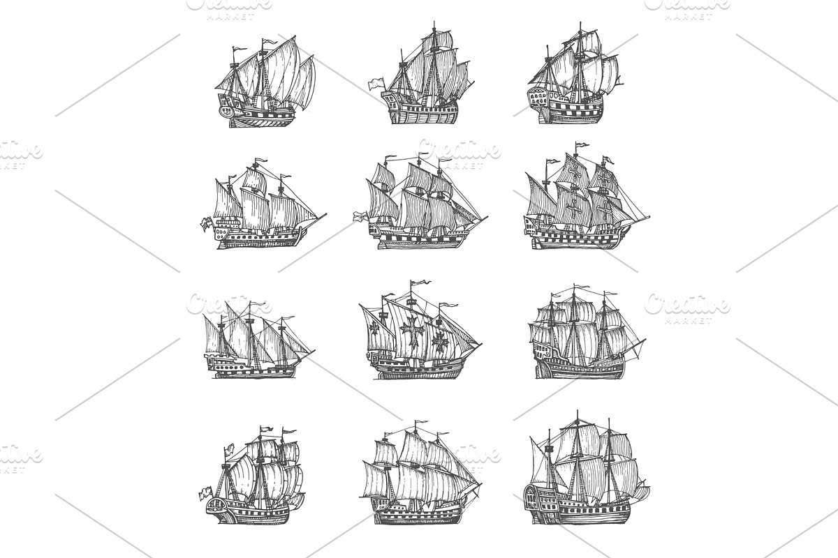 Vintage pirate sail ships sketch, an Illustration by Vector Tradition