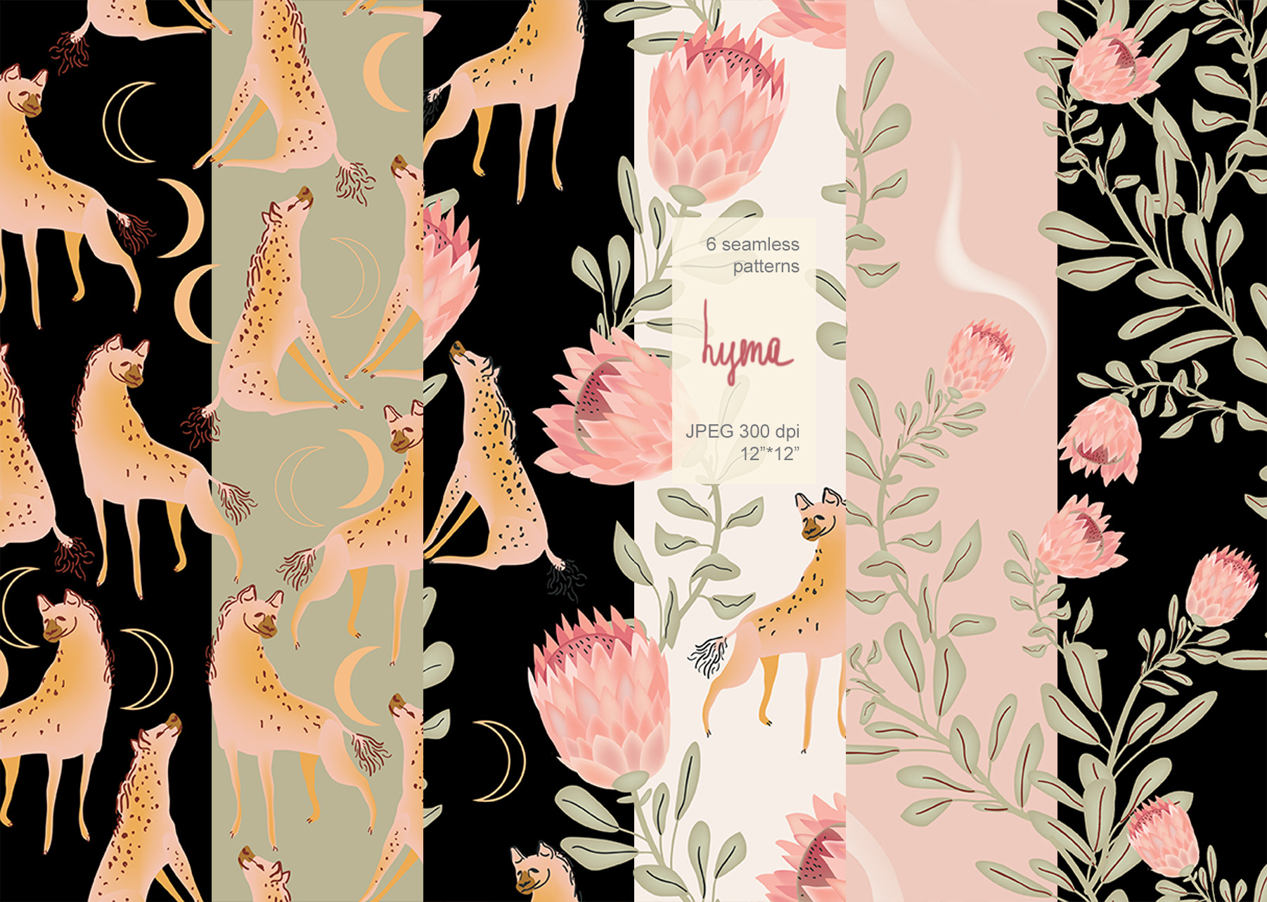 Hyena and protea seamless vector set, a Pattern Graphic by PatternsBlooming
