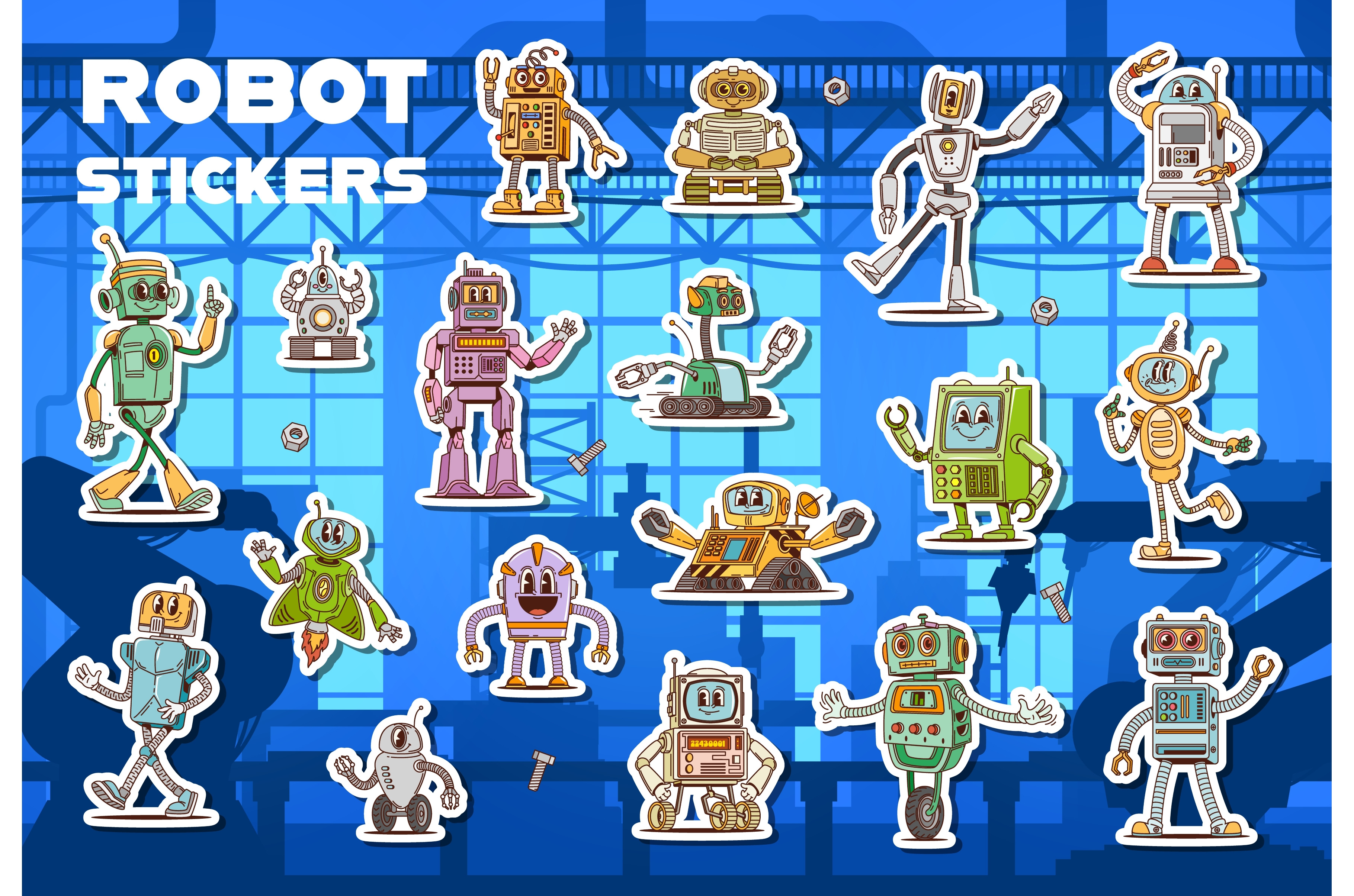 Groovy robot character stickers, a Technology Illustration by Vector ...