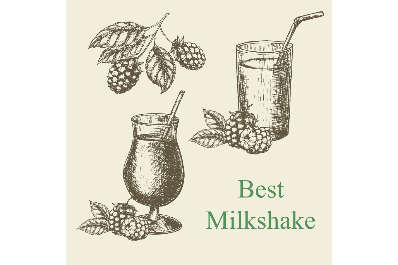 Hand drawn milkshake and blackberry raspberry. Vector illustration, a ...