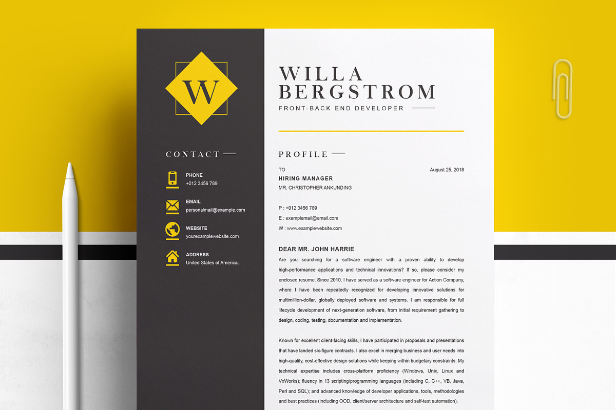 Minimal Yellow Resume Template / CV, a Resume Template by ResumeInventor