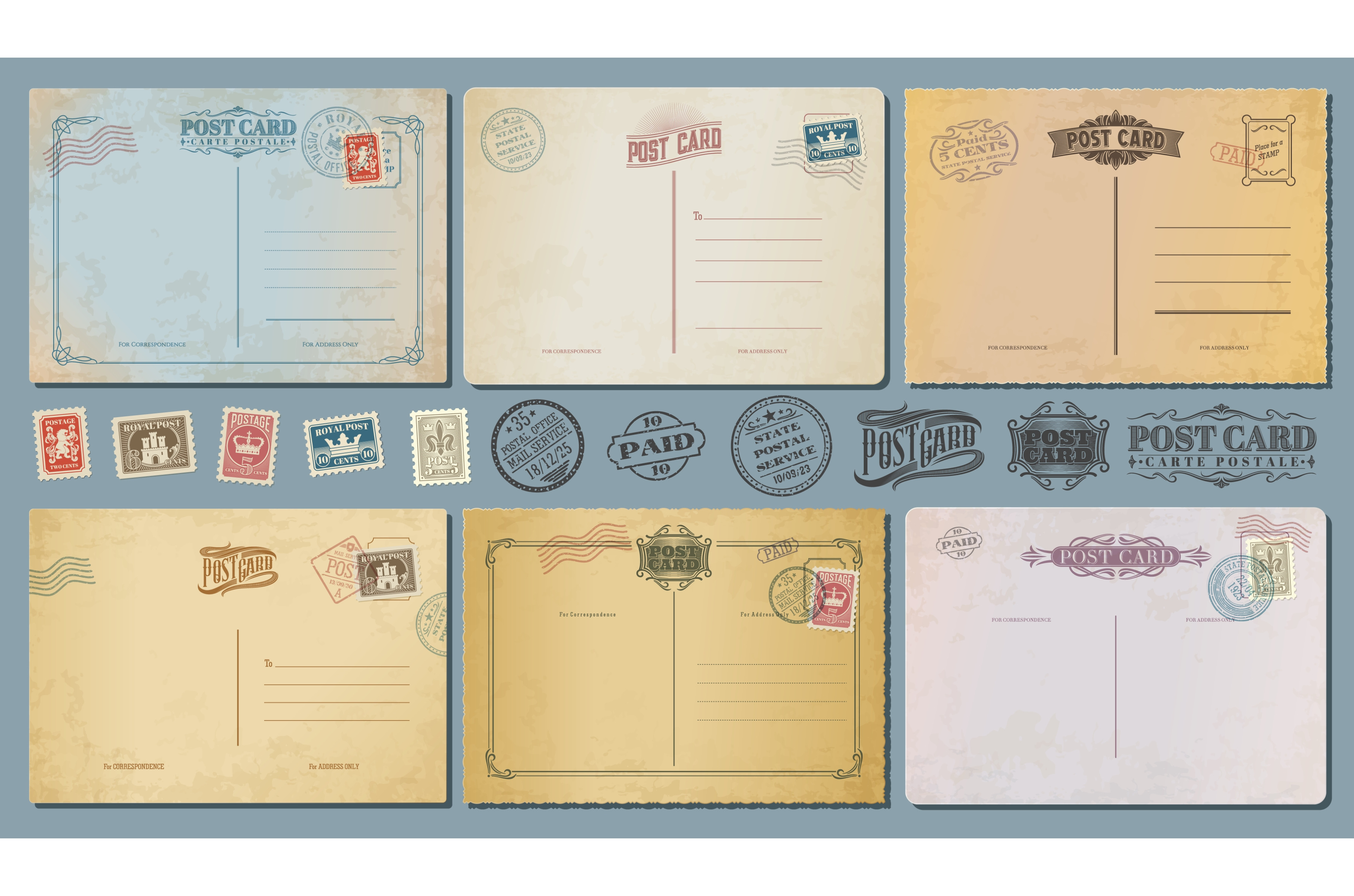 Antique postcards, stamps, an Illustration by Vector Tradition
