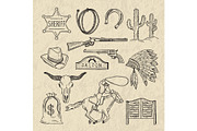 Monochrome hand drawn illustrations of different wild west symbols ...