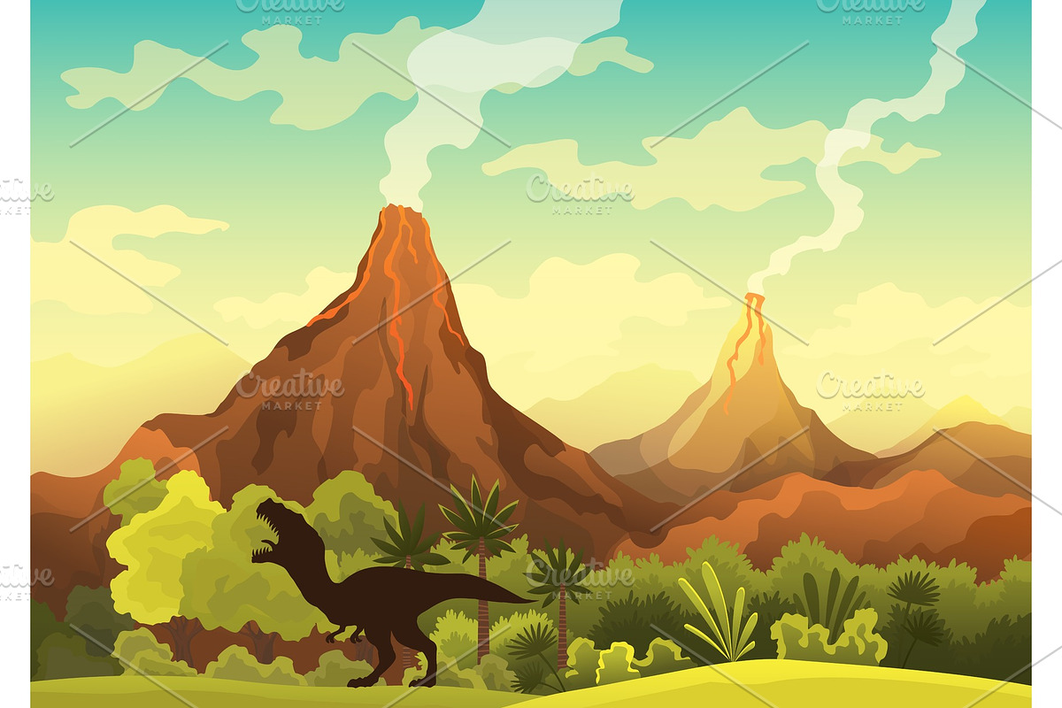 Prehistoric landscape - volcano with, an Animal Illustration by ...
