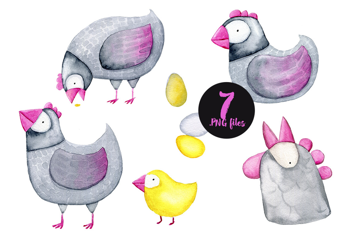 Watercolor Hen set, an Animal Illustration by Bibela