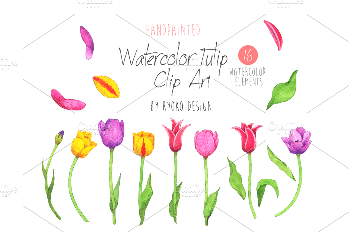 Watercolor Tulip flower clip art, an Illustration by Eomoiart