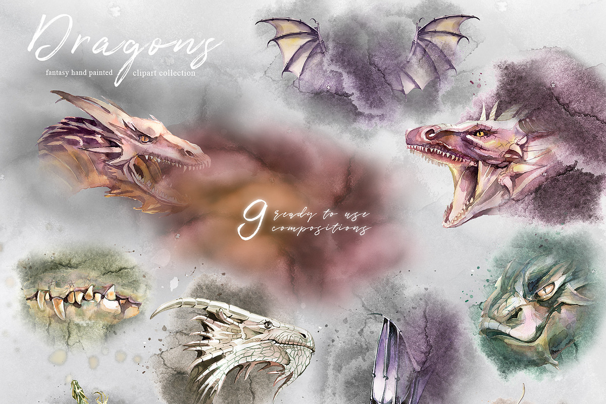 Watercolor Dragons Clipart Set, a Decorative Illustration by ...