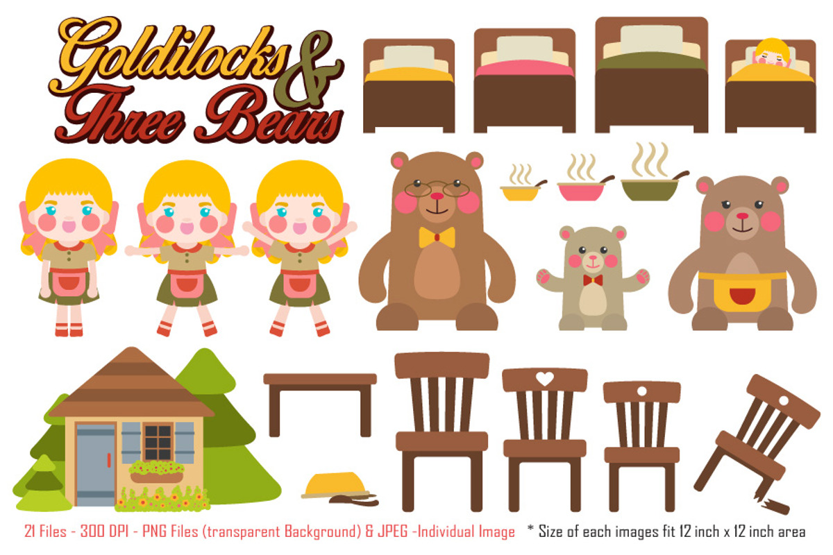Goldilocks And Three Bears Clip Art, an Illustration by Cozy Cat Design
