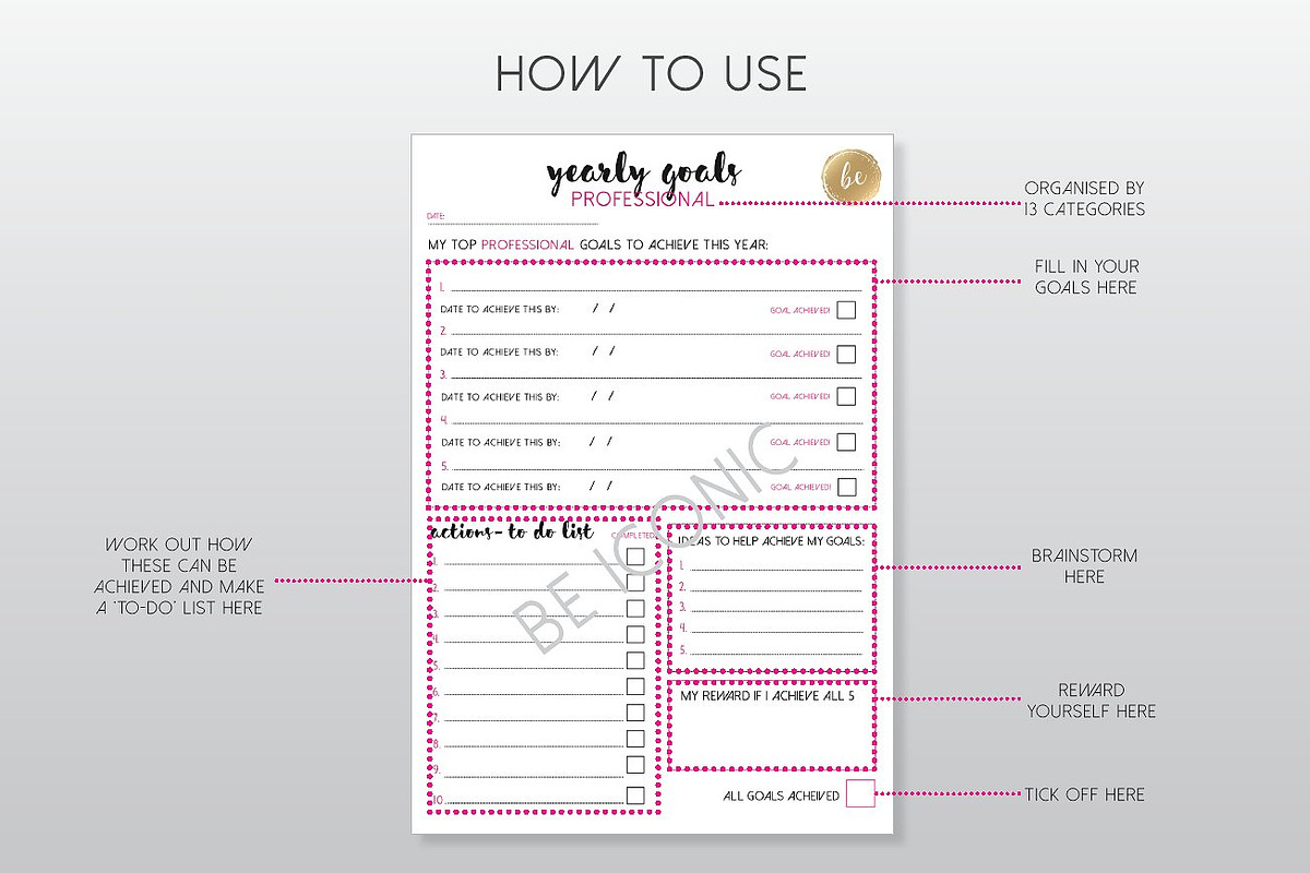 2019 Yearly Goal Planner - Printable, a Stationery Template by Be Iconic