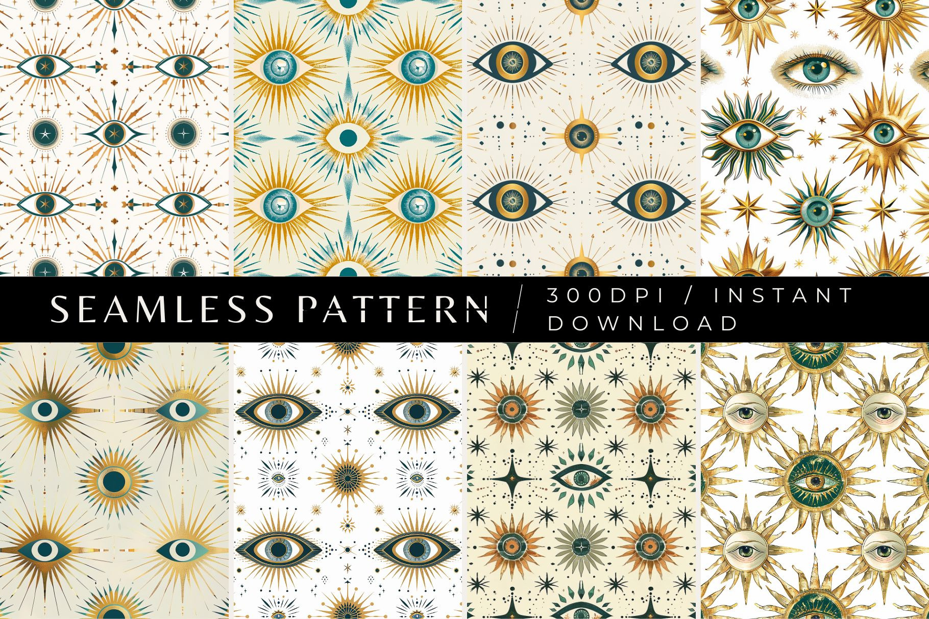 8 Celestial Eye Seamless Patterns, a Pattern Graphic by Inknfolly