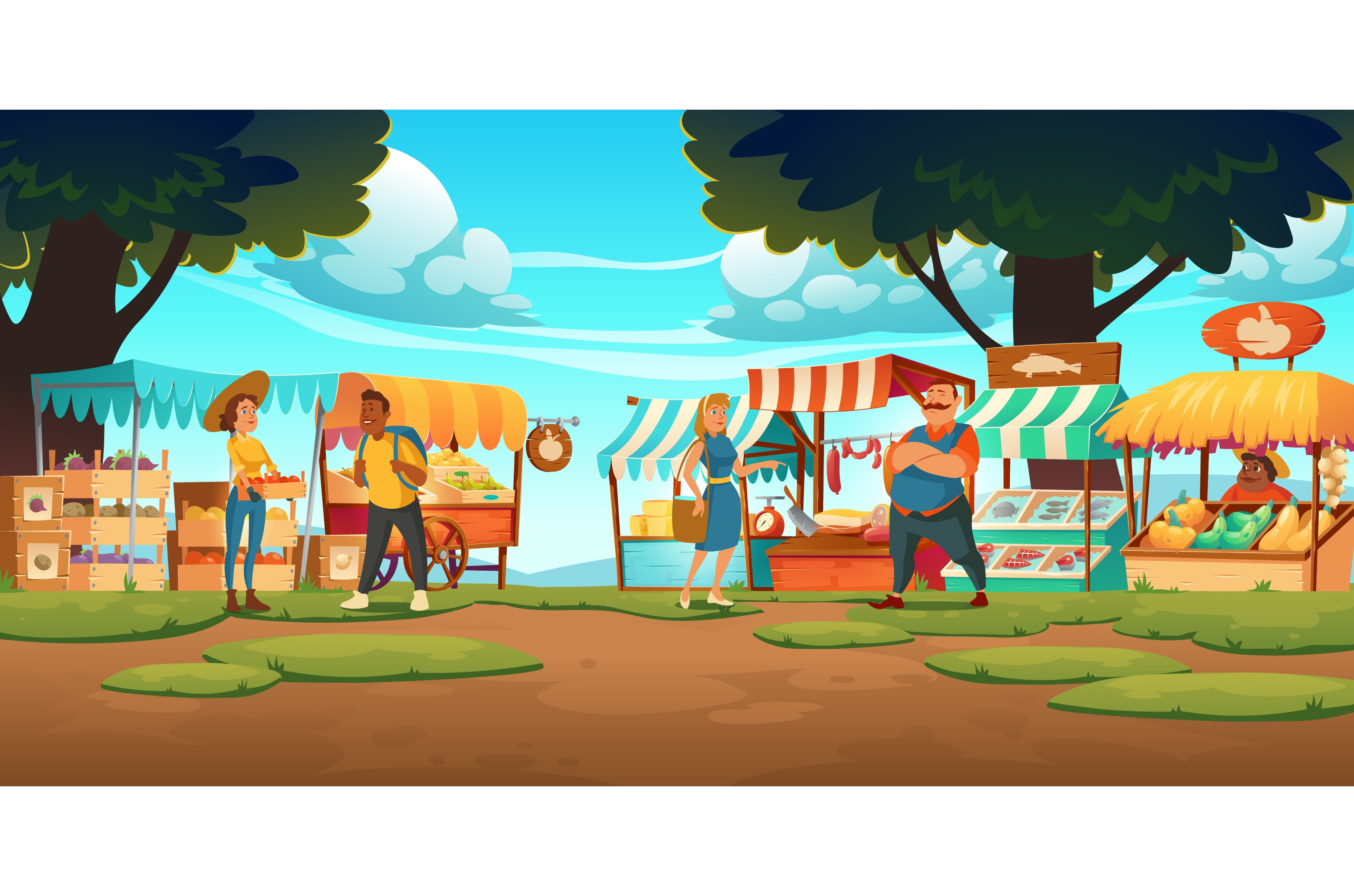 Outdoor farm market stalls, vendors | Food Illustrations ~ Creative Market