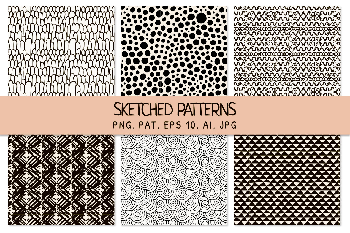 6 Black Sketched Seamless Patterns, a Pattern Graphic by Olya Creative