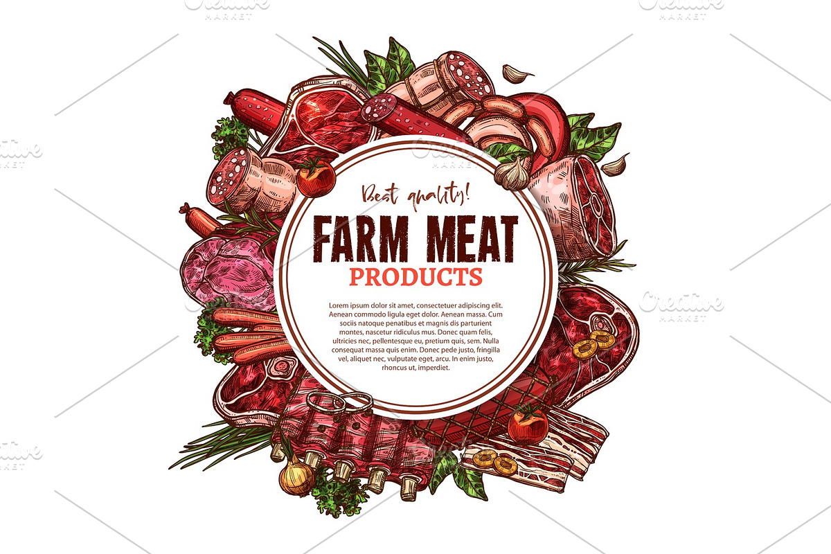 Vector sketch farm fresh meat butchery poster, a Food Illustration by ...