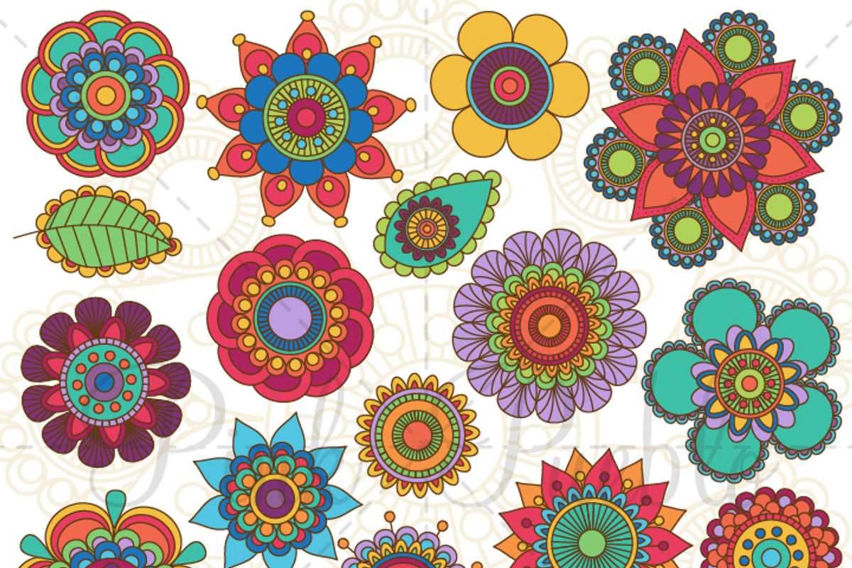 Doodle Flowers and Mandalas Clipart, an Illustration by PinkPueblo