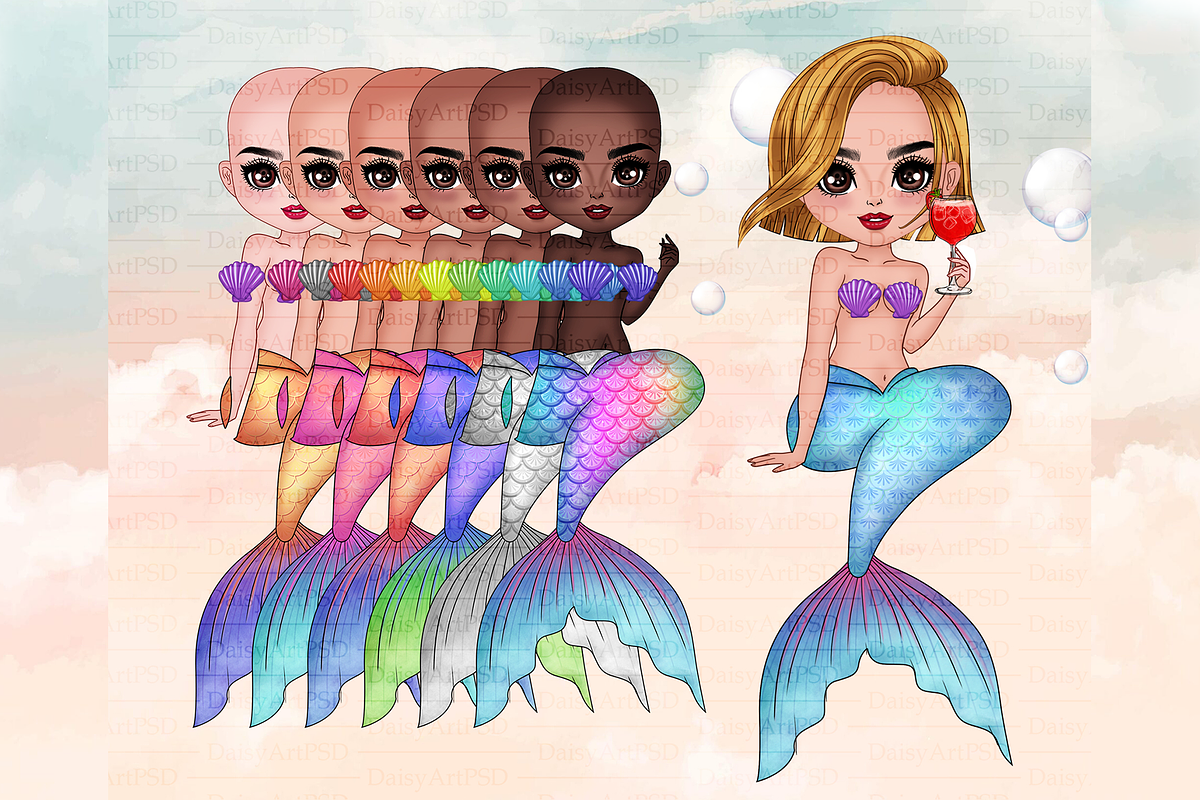 Mermaids chibi cute clipart, an Illustration by DaisyLoveART