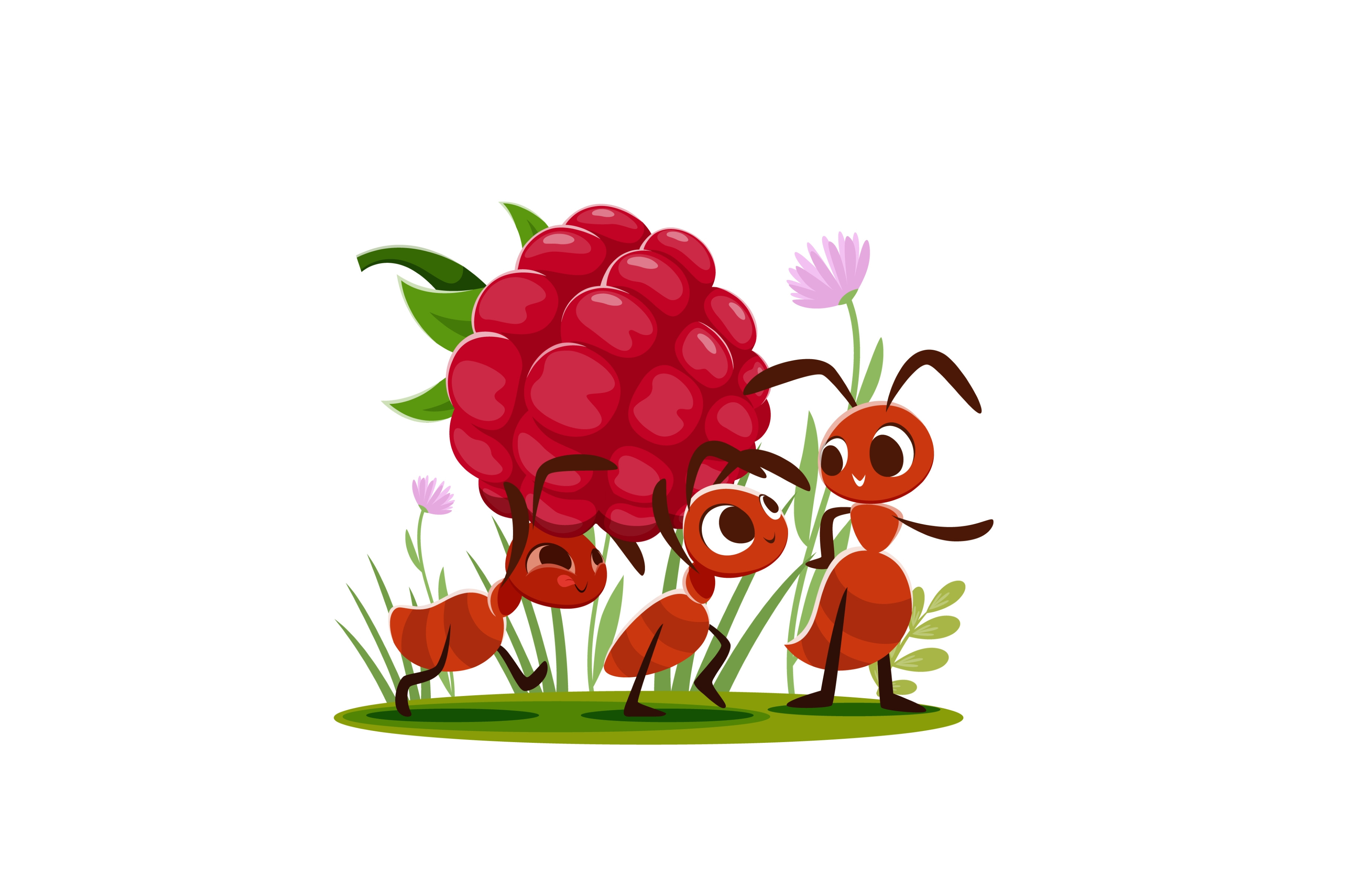 Cartoon ants carry a raspberry, an Animal Illustration by Vector Tradition