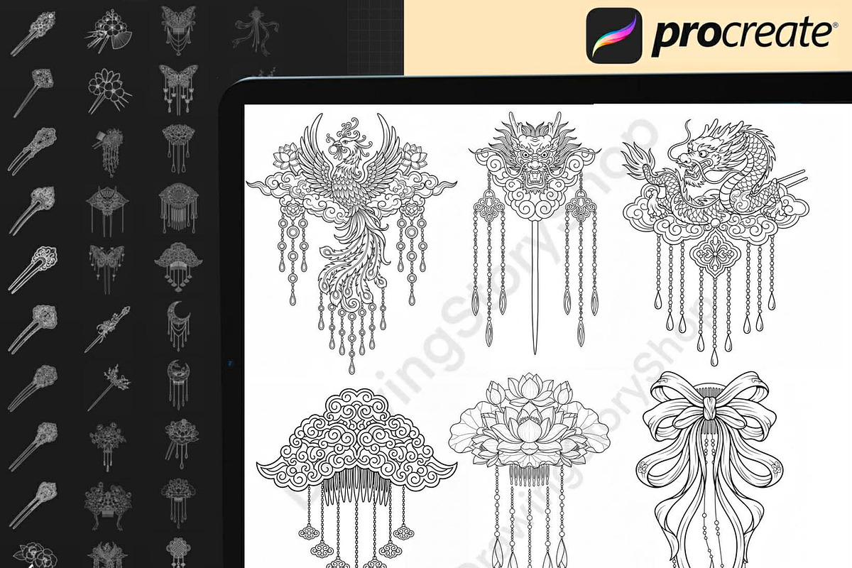 100 Chinese Hairpin Procreate Brush, a Brush Add-On by DrawingStoryShop