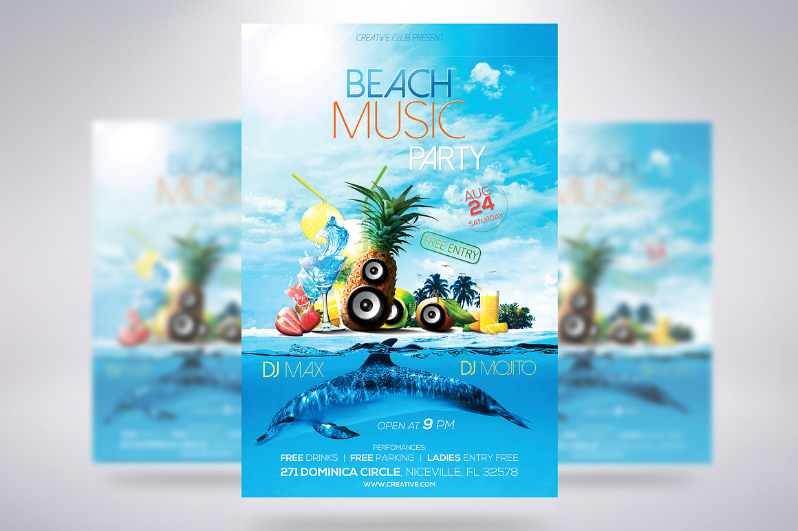 Beach Music Party Flyer, a Flyer Template by CREATIVE DUDE
