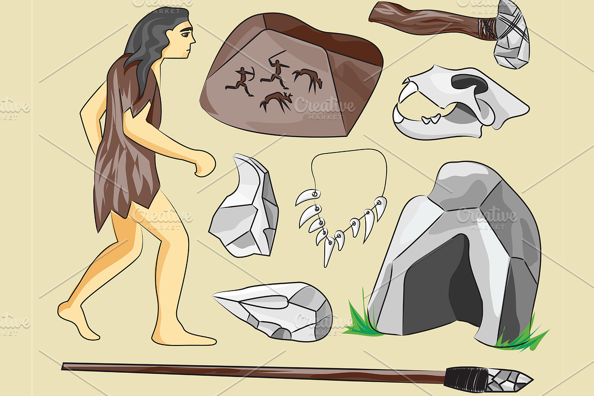 Prehistoric stone age icons set, an Animal Illustration by Netkoff ...