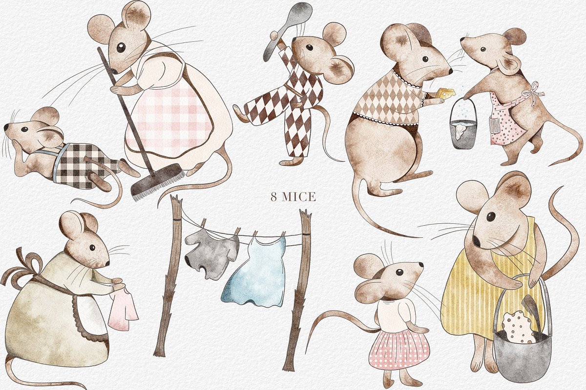 Watercolor Spring Cleaning Mice Design