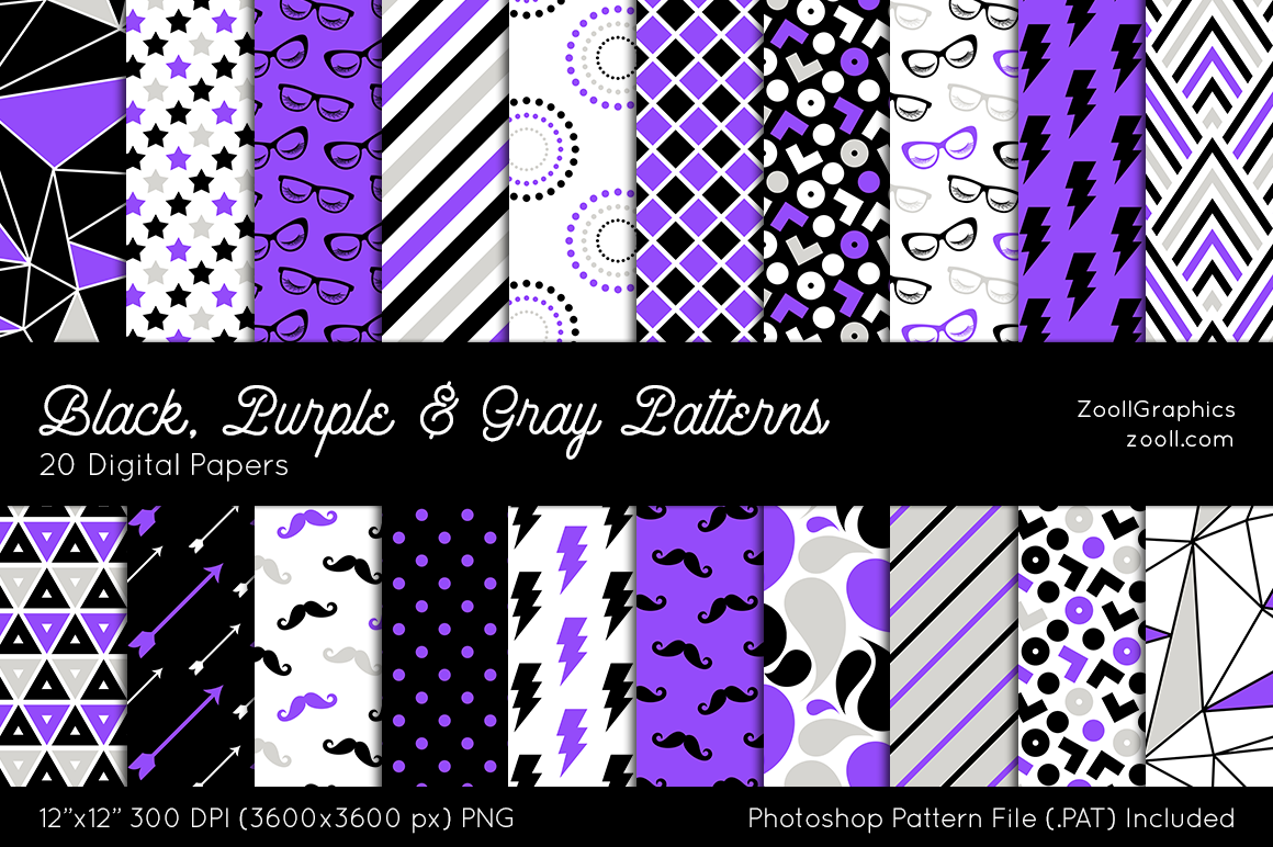 Black, Purple & Gray Digital Papers, a Pattern Graphic by ZoollGraphics