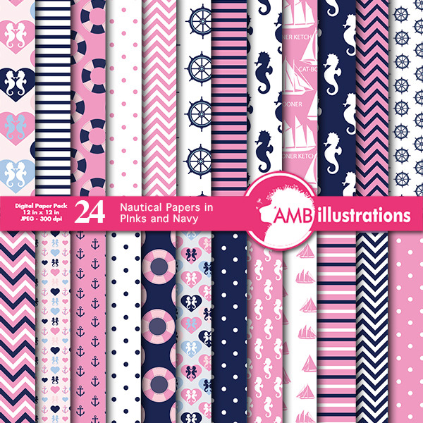 Nautical papers in pink and blue 116, a Pattern Graphic by AMBillustrations