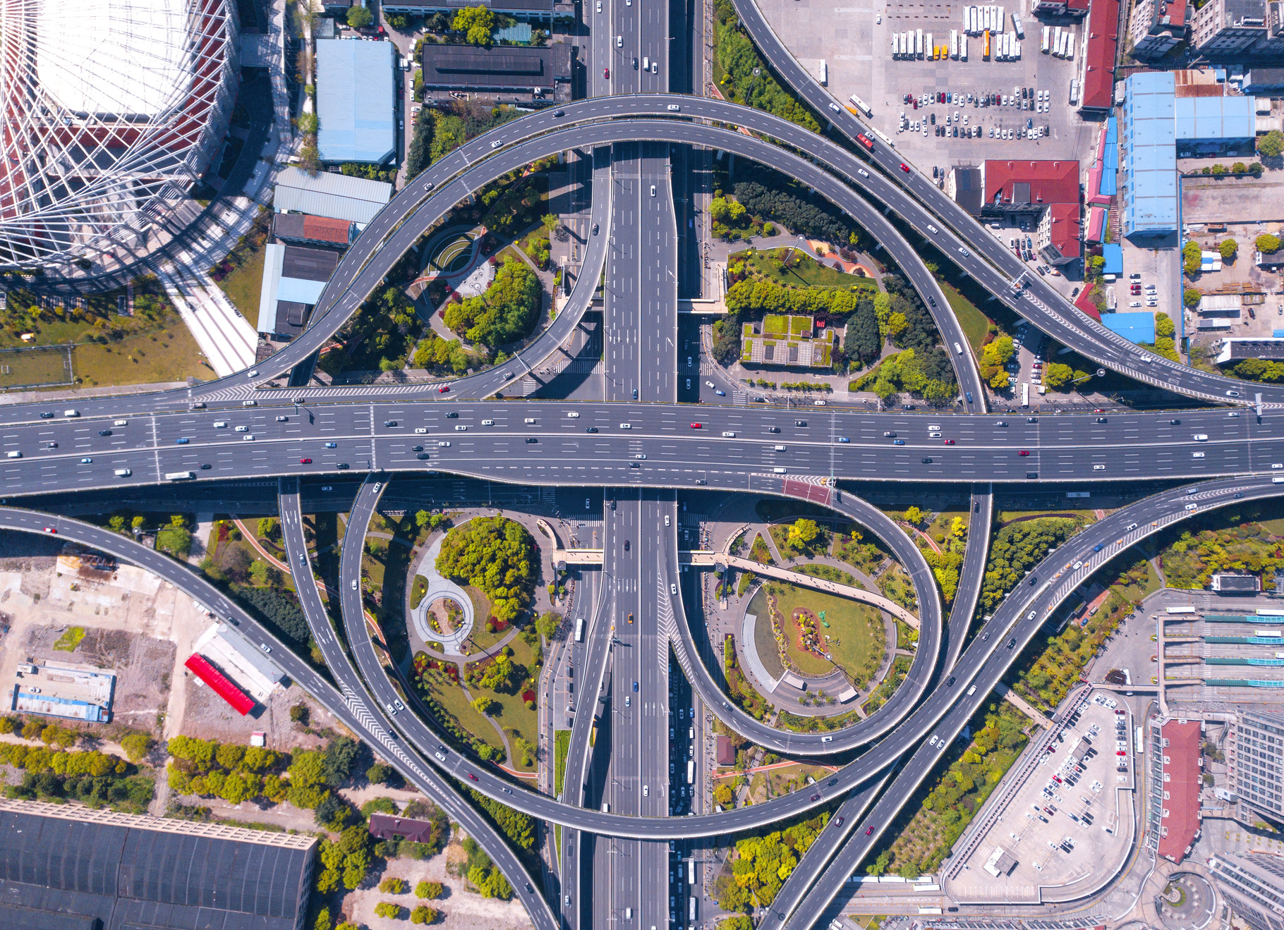 Aerial view of highway junctions wit featuring shape, street, and road ...