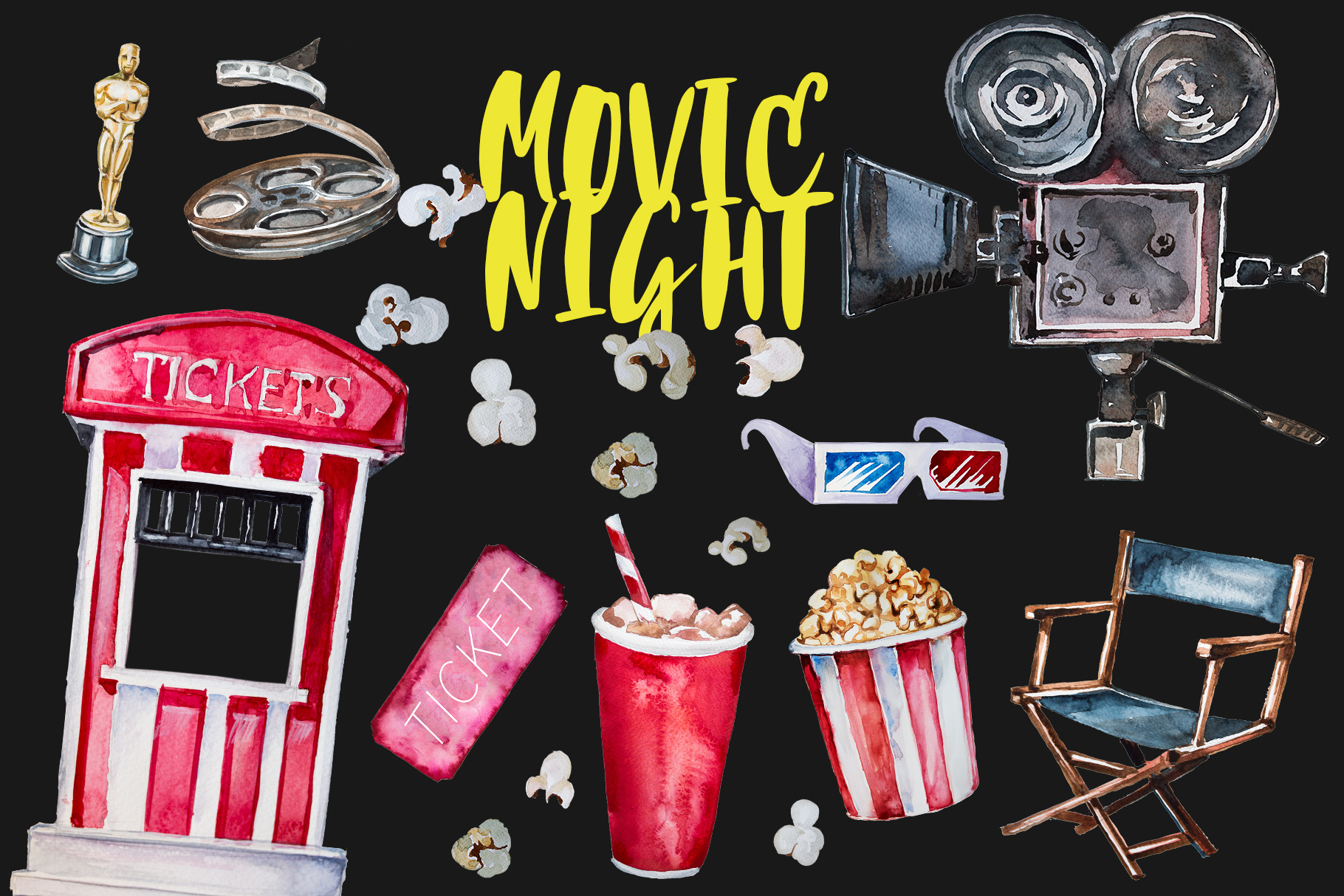 Watercolor Movie Night Clipart Set, a Food Illustration by ...
