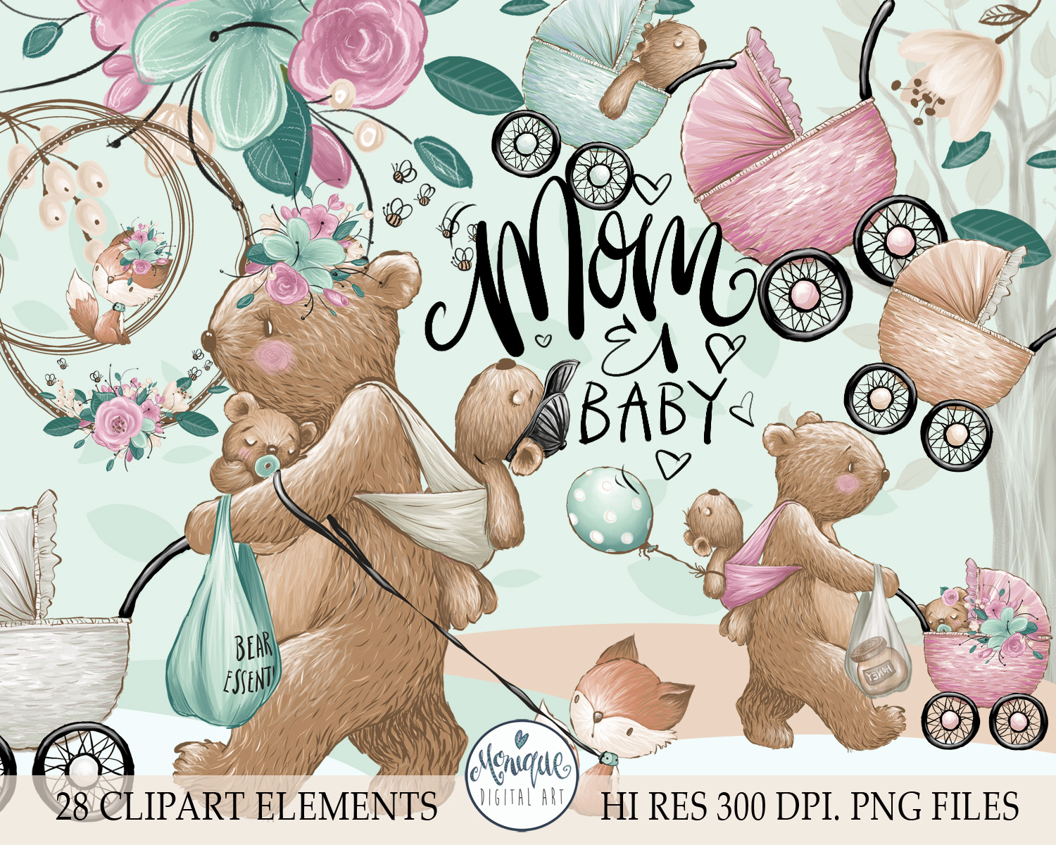 Mom Baby Clipart, Bears hand painted, an Illustration by Monique ...