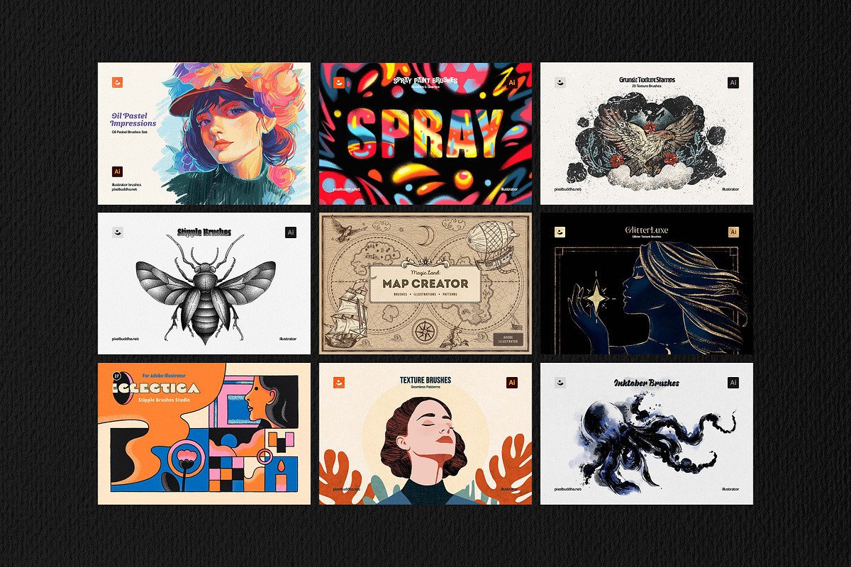 18-in-1 Illustrator Brushes Bundle, a Brush Add-On by pixelbuddha.net