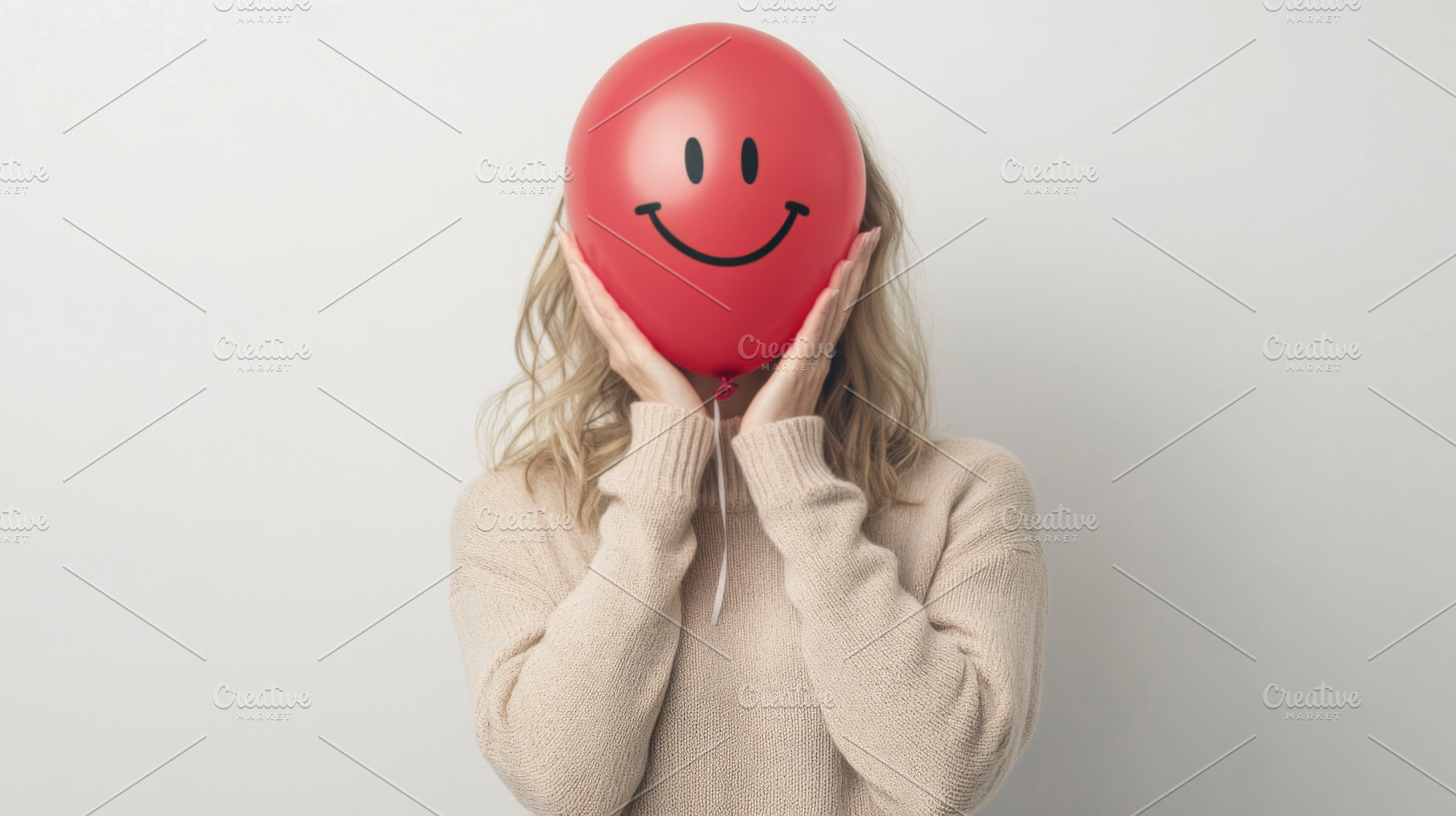 Woman Hiding Face with Smiley Balloon for Playful Expression, an ...