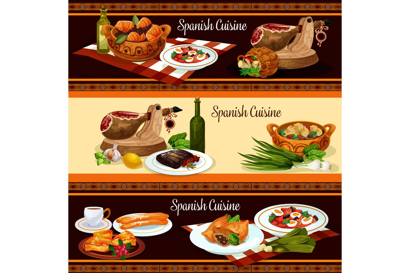 Spanish cuisine restaurant menu banner set design, a Food Illustration ...