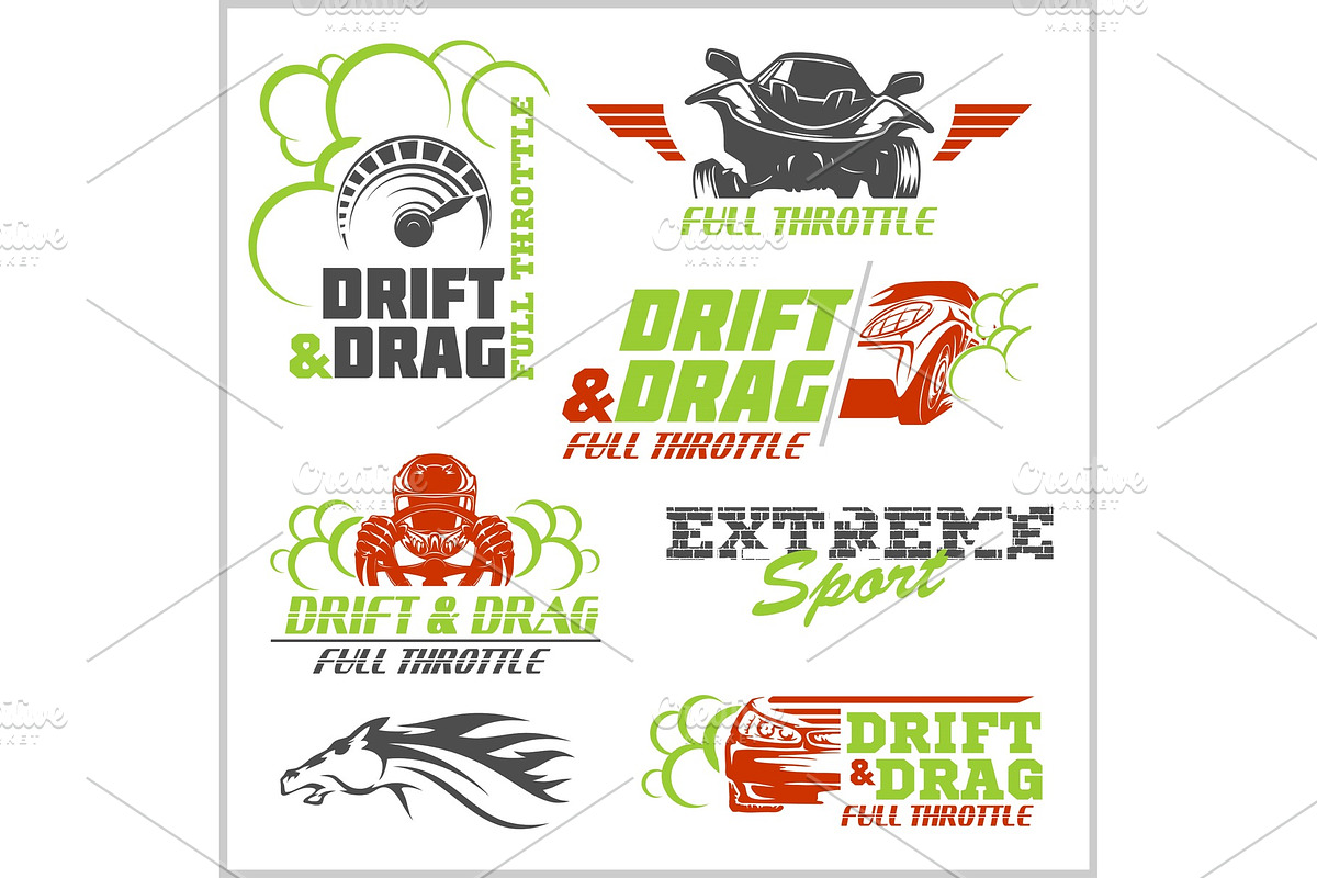 Set of car racing emblems and championship race vector badges, an ...