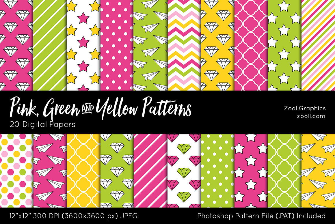 Pink, Green & Yellow Digital Papers, a Pattern Graphic by ZoollGraphics