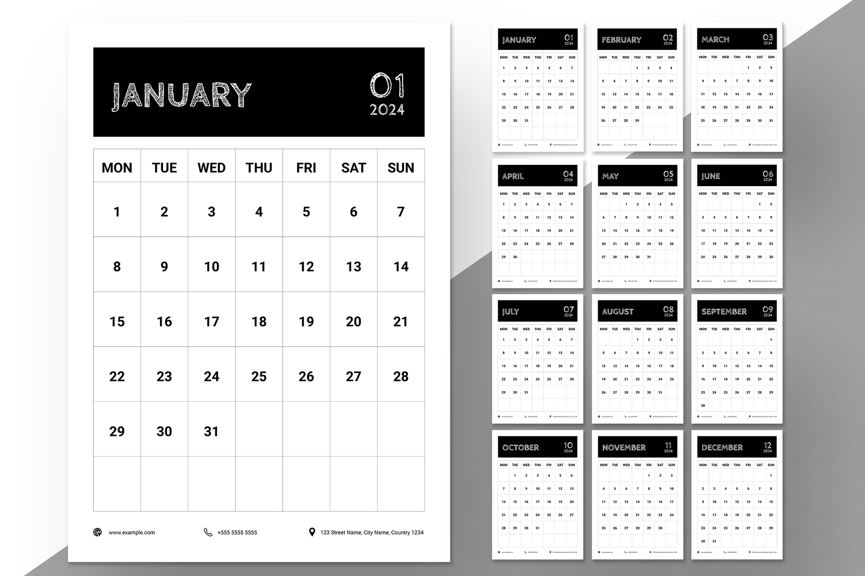 Wall Calendar 2024 Layout with Black | Creative Market