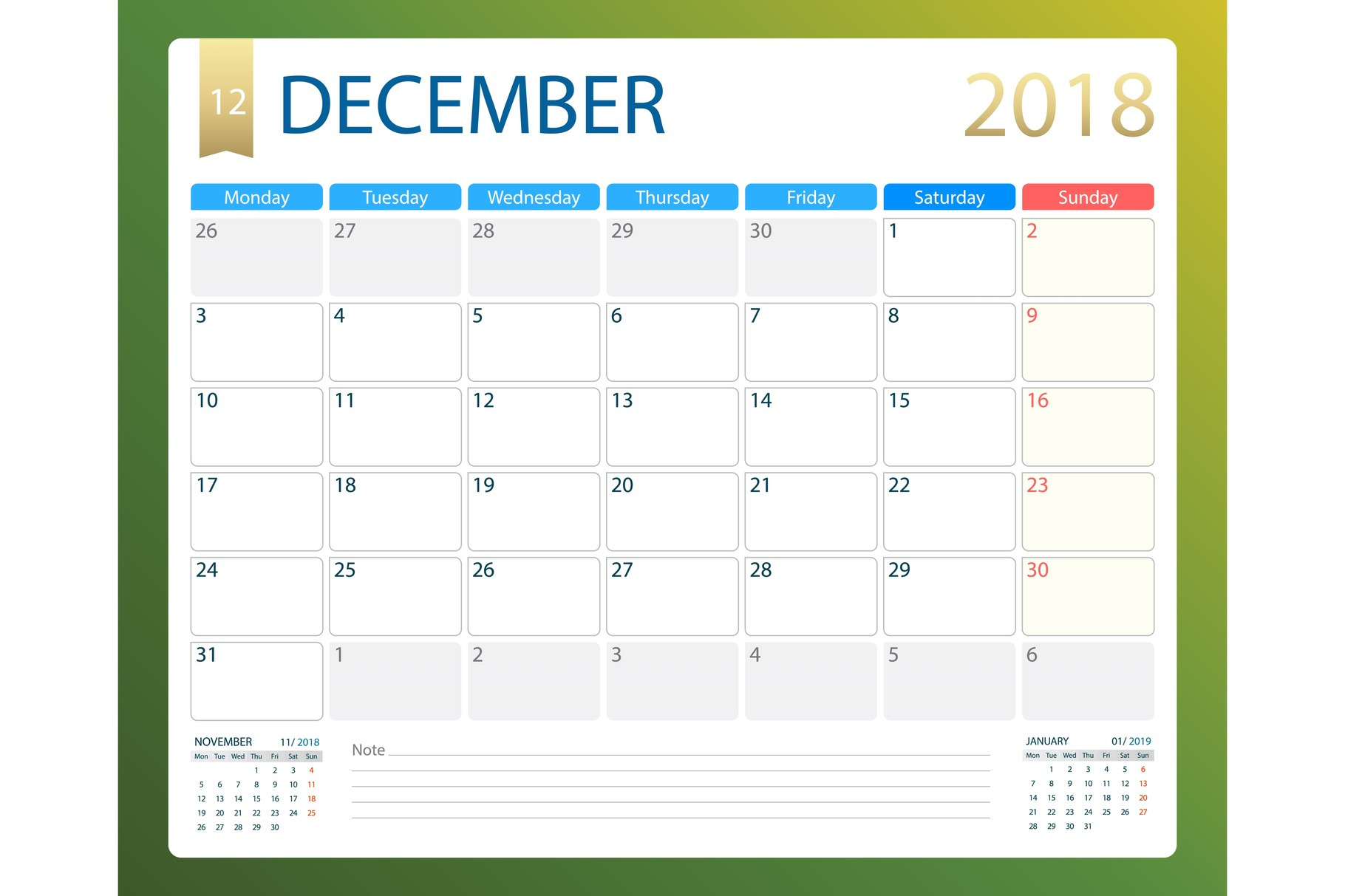 DECEMBER 2018, illustration vector calendar or desk planner, weeks ...