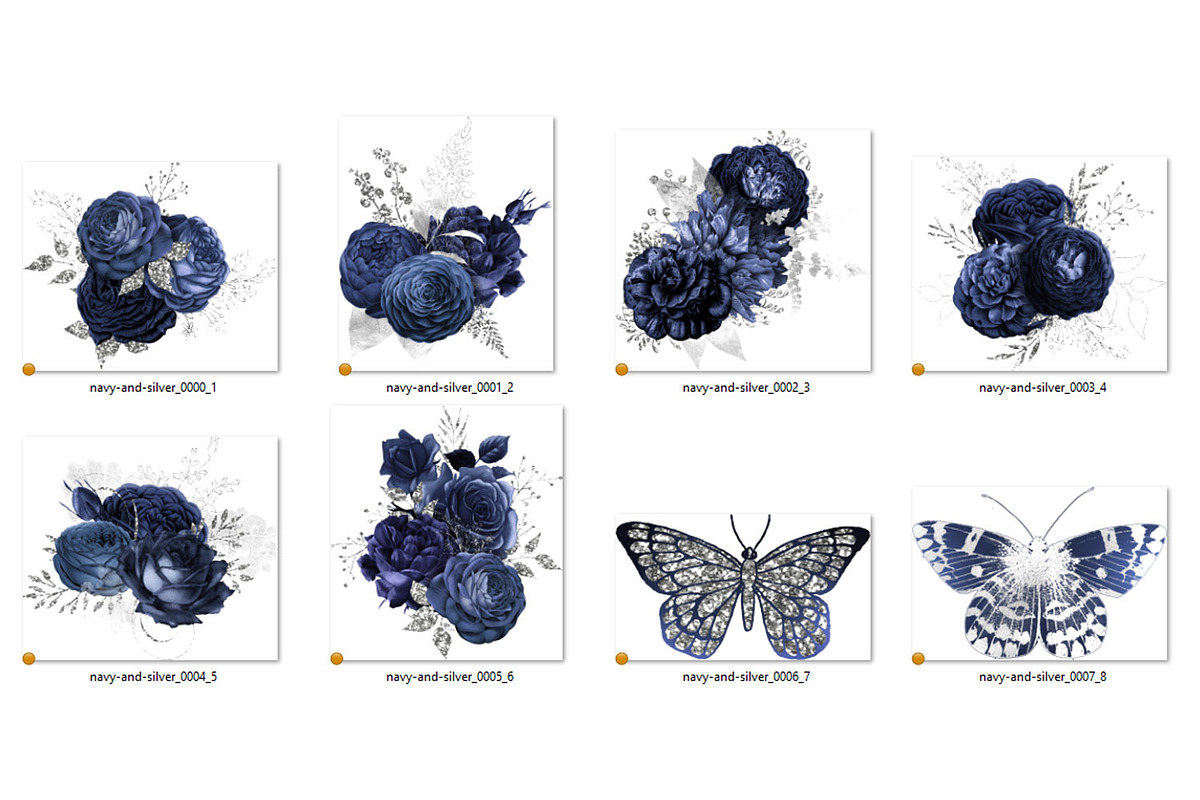 Navy and Silver Floral Clipart, an Illustration by Digital Curio