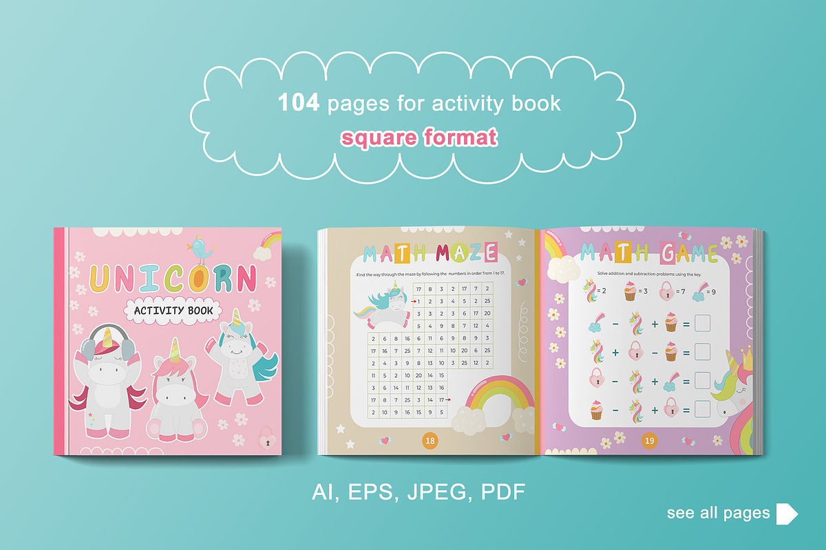 Unicorn Activity pages for kids book, an Education Illustration by ...