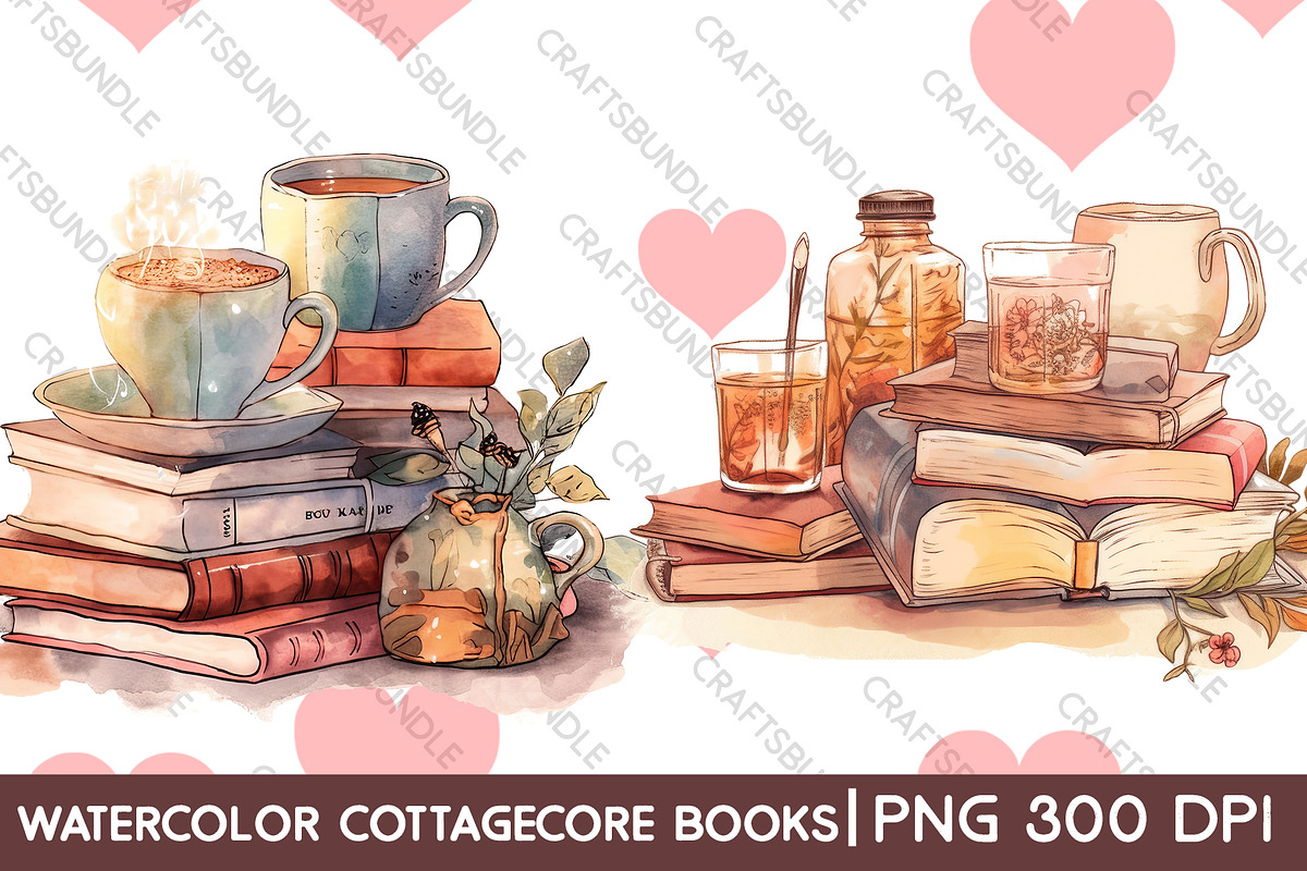 Watercolor Cottagecore Books Clipart, a Decorative Illustration by ...