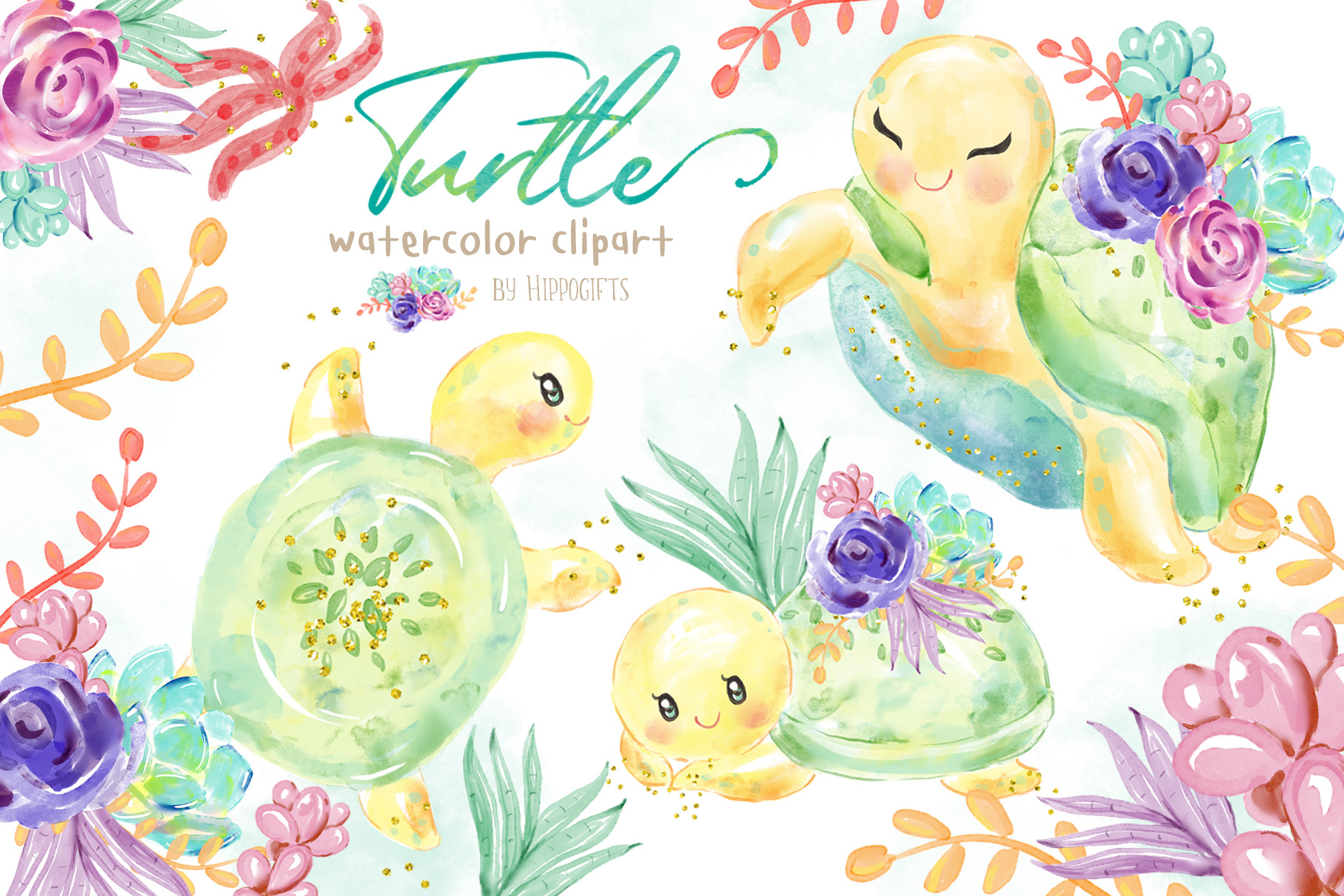 Turtle watercolor clipart, an Animal Illustration by TheHappyGiftArt