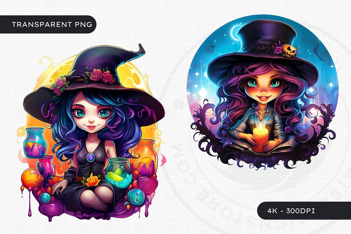 12 Cute Halloween Witch Clipart PNG, a Seasonal Illustration by ...