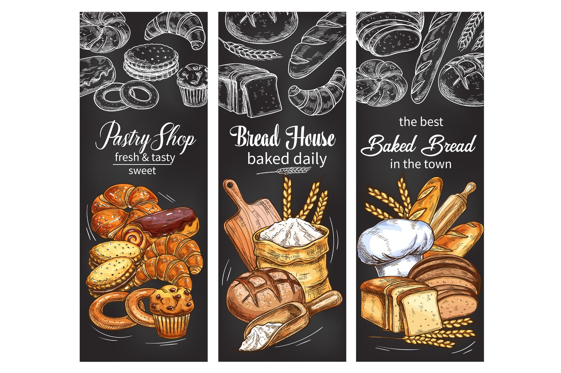 Bakery and pastry shop banner with bread and bun, a Food Illustration ...