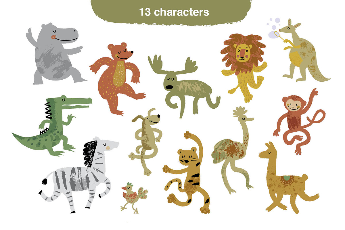 Dancing animals. Graphic set, an Animal Illustration by Maru_art