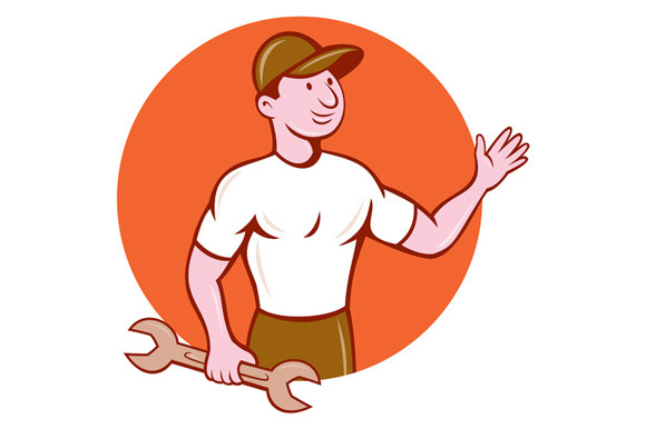 Mechanic Waving Circle Cartoon, an Illustration by patrimonio ...