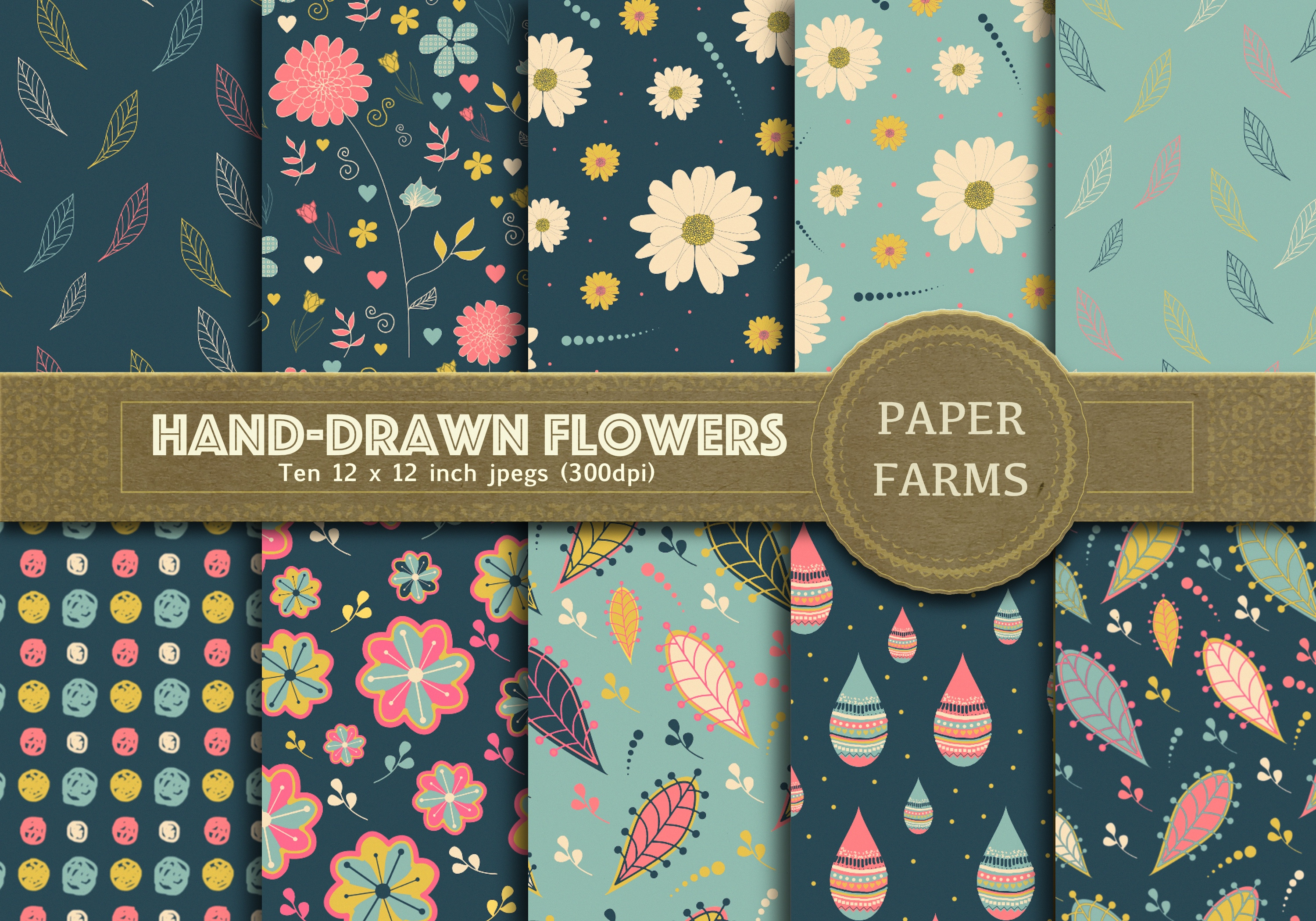 Hand-drawn flowers digital paper, a Pattern Graphic by Paper Farms