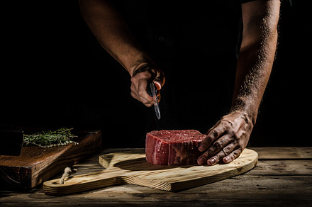 Chef butcher prepare beef steak featuring chef, steak, and kitchen, a ...